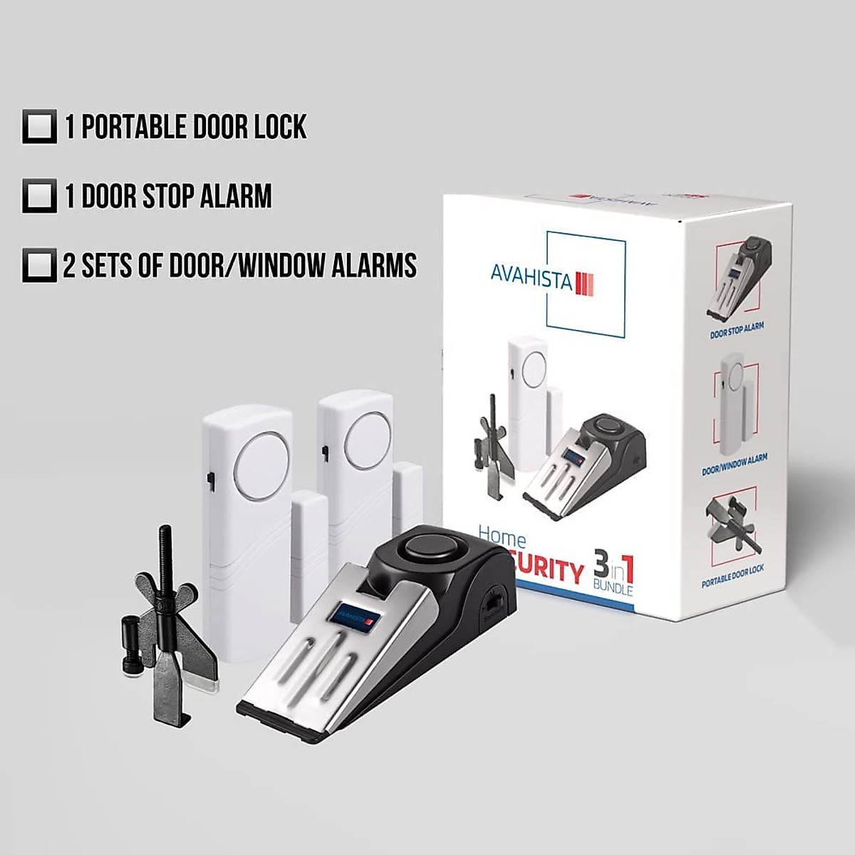 AVAHISTA Ultimate Home Security Bundle 3-in-1 Portable Door Lock Door Stop Alarm 2 Sets of Door/Window Sensor Alarms Heavy Duty Protection for Travel. Home/Apartment Security Package