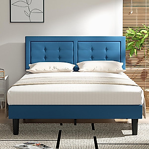 VECELO Queen Size Bed Frame with Adjustable Headboard, Upholstered Button Tufted Platform Bedframe with Wood Slats Support, No Box Spring Needed, Dark Blue
