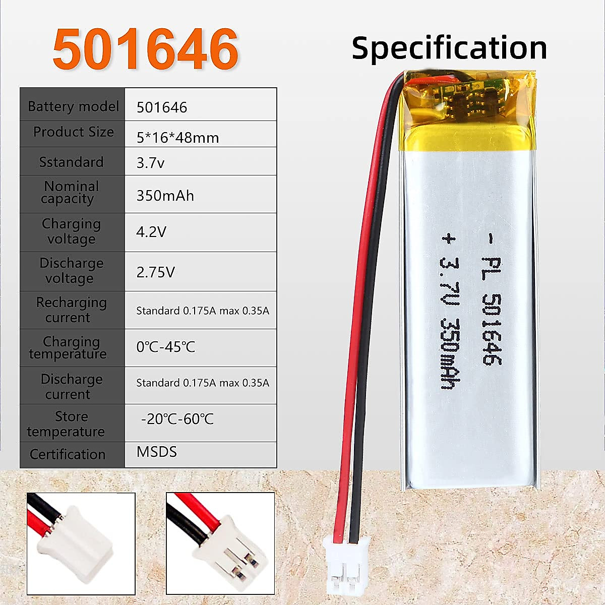 AKZYTUE 3.7V 350mAh 501646 Lipo Battery Rechargeable Lithium Polymer ion Battery Pack with JST Connector