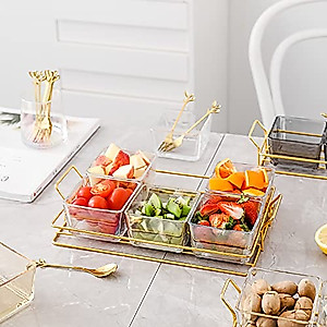 XKXKKE 6 Clear Glass Bowls Set with Gold Metal Rack, Condiment Dishes Serving Bowls Buffet Server Food Display Relish Tray for Fruit Dessert Appetizer Nuts Snacks Candy Chip Dip