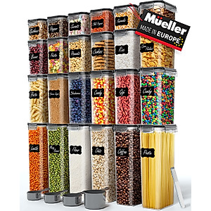 Mueller Airtight Food Storage Container Set with Lids – 24-Piece, Kitchen & Pantry Organization and Storage, Dishwasher, Freezer and Microwave Safe – 24 Labels, 4 Measuring Cups and Marker, Dark Grey