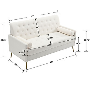 60” Couch Sofa, Mid Century Modern Upholstered Loveseat Sofa Tufted Small Sofa Faux Fur Love Seat Couch Track Armrest with 2 Bolster Pillows for Small Space Living Room Bedroom Apartment, White Sherpa