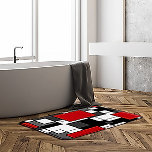 YSATNSFT Abstract Geometric Bath Mat Black Red Gray and White Geometry Squares 3D Contemporary Fashion Simple Home Bathroom Shower Mat Kitchen Rug Microfiber Memory Foam 18x30 Inches