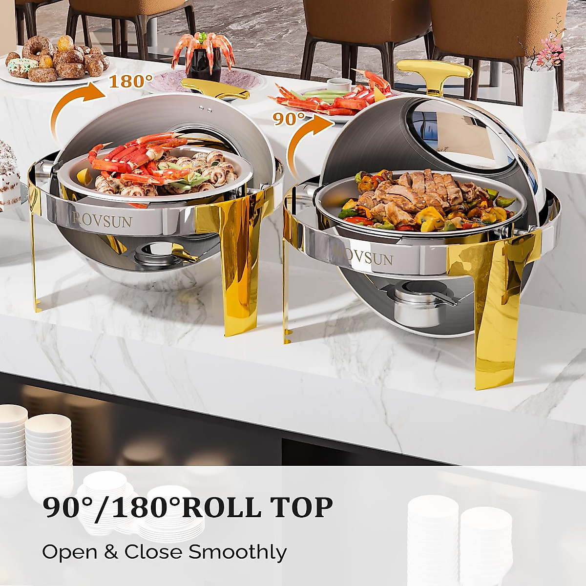ROVSUN 2 Packs Roll Top Chafing Dish Buffet Set Gold Accent,NSF 6 Quart Round Stainless Steel Chafer, Buffet Servers and Warmers Set with Glass Window for Wedding, Parties, Banquet, Events