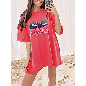 CSDAJIO Women's Graphic Oversized Tshirt Vintage Half Sleeve Round Neck Baggy Tee Summer Casual Tunic Shirt OwAlaska Raspberry Medium