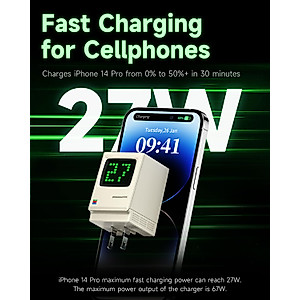 SHARGE USB C Charger, Retro 67 Power Display 3-Port Fast GaN Charger with Digital Rain, 67W Foldable Wall Charger for Phone 14/Pro Max/13, iPad, MacBook, Galaxy, Google Pixel Gifts Idea