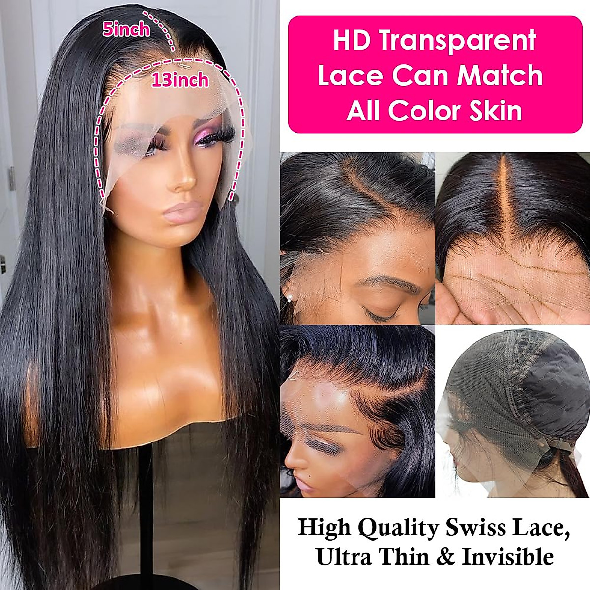 Subella 12A HD Lace Front Wigs Human Hair Pre Plucked Hairline with Baby Hair 180 Density 13x5 Brazilian Straight Human Hair Wigs for Black Women Natural Black Color (14inch)