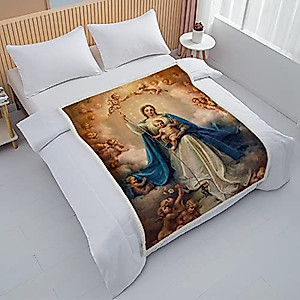 Bedmust Blue Virgin Angel Throw Blanket Virgin Maria Authentic Catholic Blankets Mother Blanket Flannel Fleece Throw Blanket (60x50 inches)