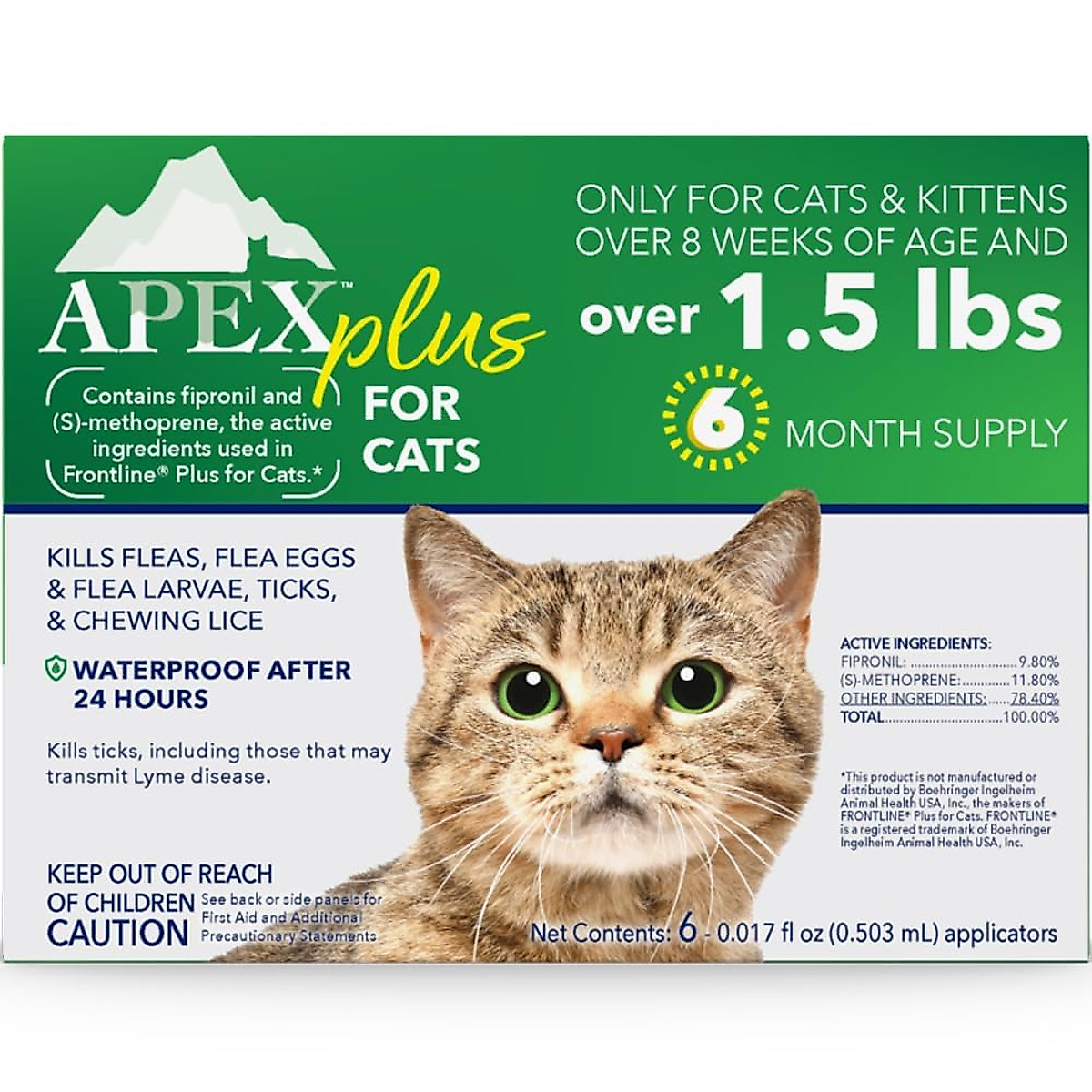 Apex Plus Cat Flea and Tick Treatment | 6-Month Supply, Over 1.5 lbs | Flea Treatment for Cats | 24-Hour Activation, Waterproof, 30-Day Protection