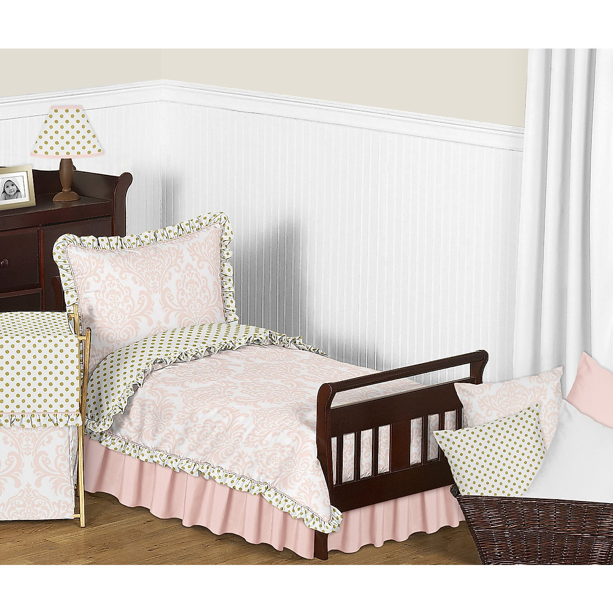 Sweet Jojo Designs Damask Heart Girl Fitted Crib Sheet Baby or Toddler Bed Nursery Photo Op - Blush Pink, Gold and White Polka Dot Amelia Collection
