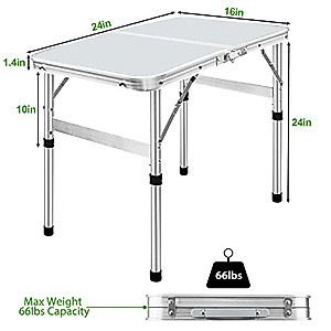 JUOIFIP Folding Camping Table Outdoor, 2 Adjustable Height Portable Folding Camping Table for Camp, Lightweight Aluminum Fold Up Camp Table for Picnic, BBQ, Party, Travel, Home Use. White