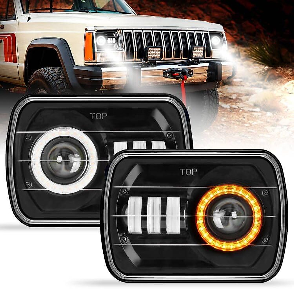 DOXMALL 2Pcs 5x7 7X6 LED Headlights H6054 Retangular Sealed Beam Headlight With White Halo Daylight Compatible with Cherokee XJ Wrangler YJ GMC Dodge Kenworth T300 Etc