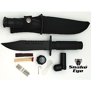 Snake Eye Tactical Serrated Blade 8.5 Inch Survival Knife Heavy Duty Stainless Steel with Kit & Nylon Sheath (Black)