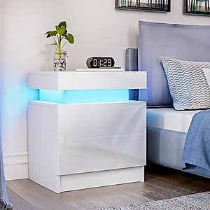 HOMMPA LED Nightstand White Nightstand with Led Lights Modern Night Stand with 2 High Gloss Drawers Led Bedside Table Smart Nightstand for Bedroom 20.5” Tall