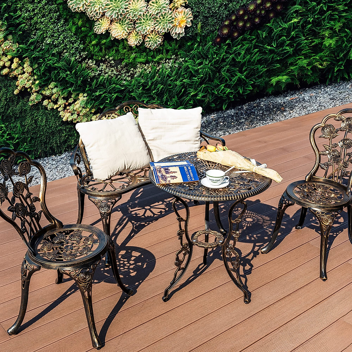 Sundale Outdoor 4 Piece Bistro Set, Cast Aluminum Umbrella Table Chair Loveseat Furniture All Weather Resistant Antique Finish Patio Conversation Set for Balcony Porch Yard Bronze Rose