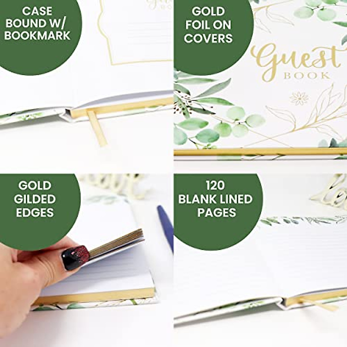 bloom daily planners Wedding Guest Book (120 Pages) Guest Sign-in Book Guest Registry Guestbook - White Cover with Gold Foil, Gilded Edges and Gold Page Marker Hardbound 7" x 9" (Eucalyptus)