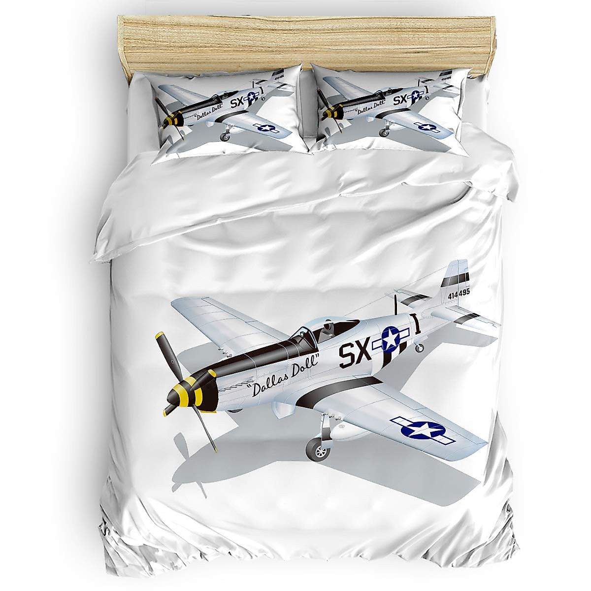 Artistic Duvet Cover Queen Size 4Pcs Bedding Duvet Cover Set(Comforter Cover Pillowcases Flat Sheet) P-51 Dallas Doll Print American Air Force Classic Plane Bedding Cover Set for Bedroom, Hotel Decor