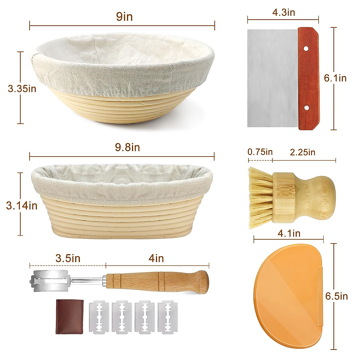 Sourdough Bread Baking Supplies: 9 Inch Round & 10 Inch Oval Banneton Bread Proofing Baskets w/Liner, Bread Lame, Dough Scrapers, Cleaning Brush, Artisan Bread Making Gifts for Bakers