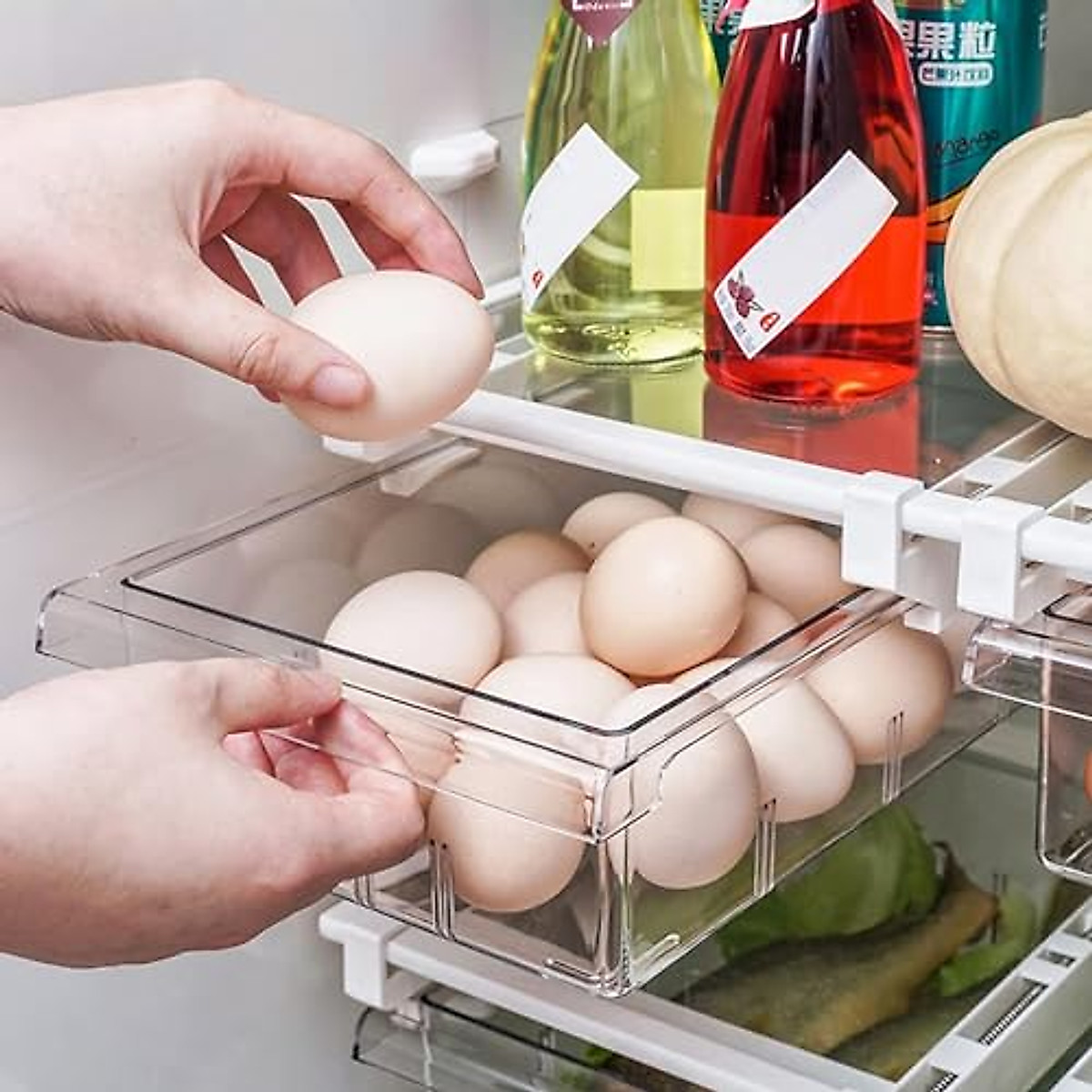 Colacoo Pull Out Fridge Drawer Organizer Refrigerator Drawer Organizer - Pull Out Fridge Shelf Storage Box Organizer with Handle for Egg Fruit Vegetable (Clear, No compartments)