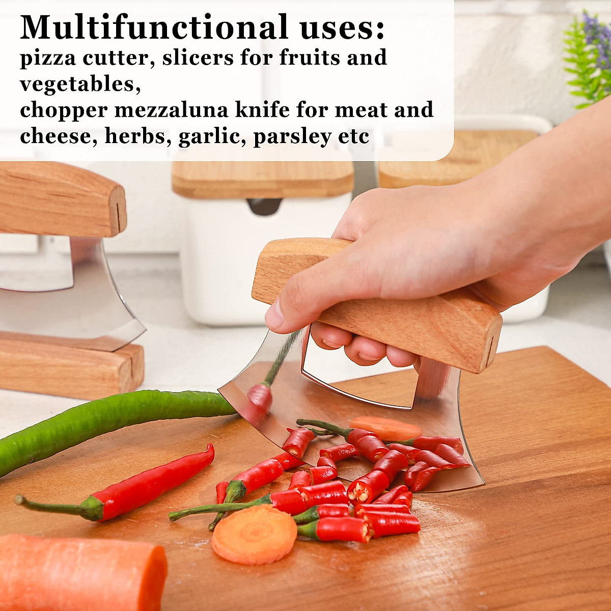 Hanaive 2 Pack 4 x 5 inch Mezzaluna Ulu Knife Salad Veggies Rocker Chopper Slicer Cutter Mezzaluna Knife with Wooden Display Stand for Kitchen Cutting Chopping Knives Chef Cleaver