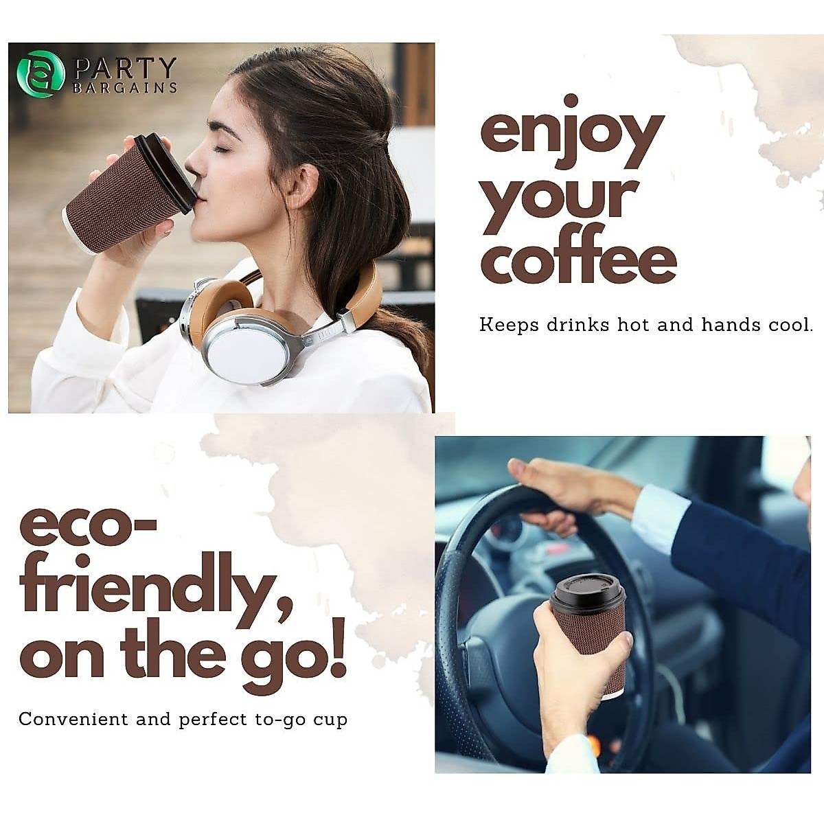 PARTY BARGAINS Ripple Hot Cups with Lids, 16 oz, 40 Count, Brown, Insulated Double Wall, Disposable Paper Coffee Cups, To-Go Cup, Tea, Hot Beverages, No Sleeve Needed