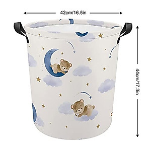 Cute Bear Pattern Waterproof Laundry Baskets Moon Stars Collapsible Laundry Hamper with Handles Large Round Toy Bin for Dirty Clothes,Kids Toys,Bedroom,Bathroom