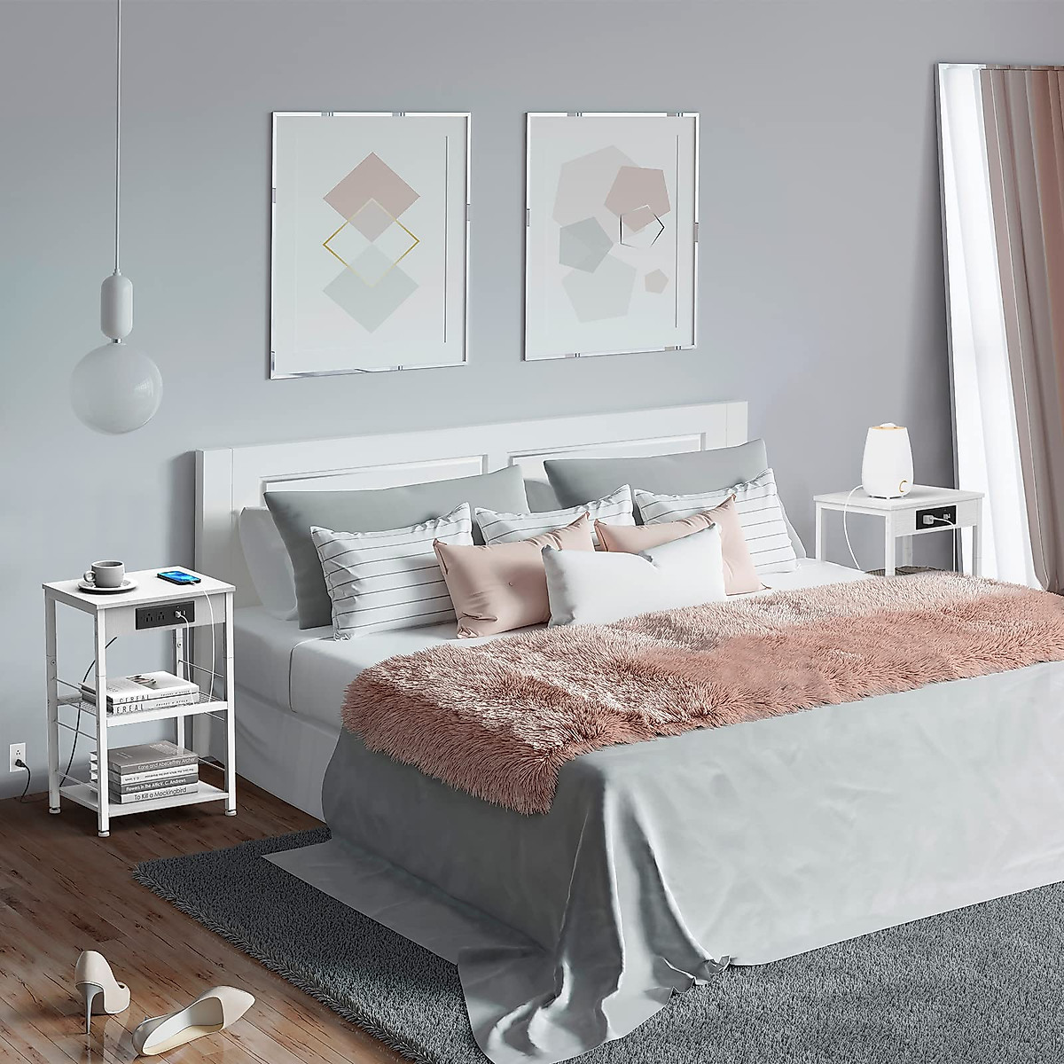 NOVIMANGO Nightstand with Charging Station End Tables White Side Table with USB Ports & Outlets Small Bedside Table with 3 Tier Storage Night Stand Table in Bedroom Living Room Dorm Office
