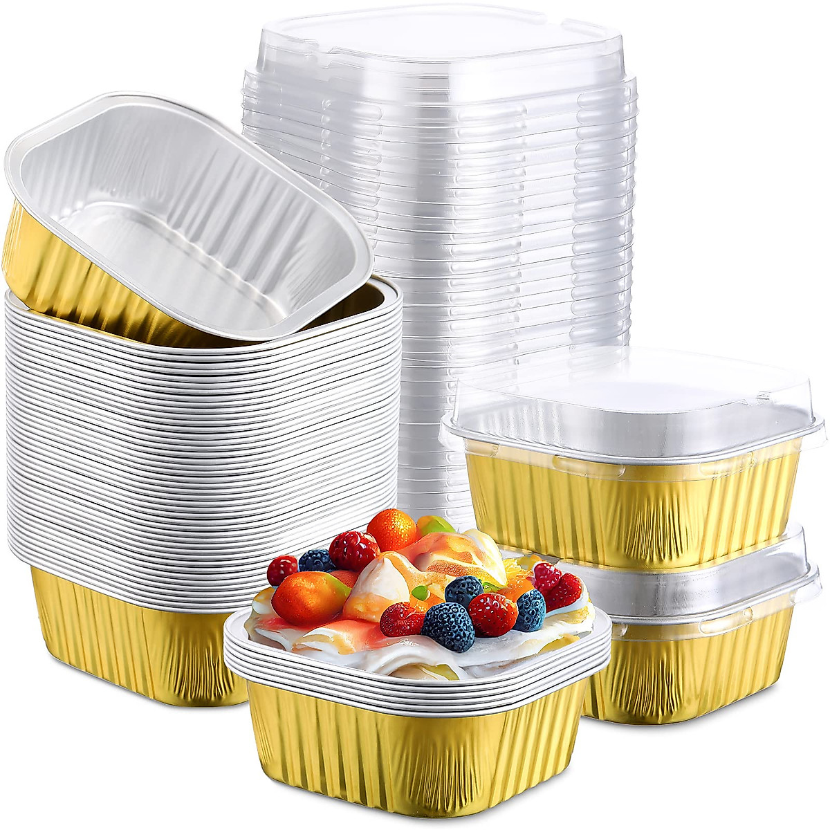 150 Pieces 10 oz Disposable Baking Cake Pan with Lids Valentine's Aluminum Foil Baking Cups Cupcake Cup for Pudding Desserts Baking Freezer-Safe Valentine's Wedding Party(Gold)