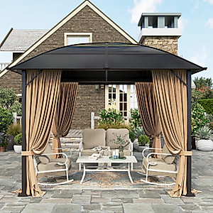 HERA'S HOUSE 10x10 Outdoor Hardtop Gazebo, Patio Canopy Flea Defence with Mosquito Netting&Curtains, Permanent Polycarbonate Tent Pergola for Lawn, Parties, Courtyard, Garden(Brown)