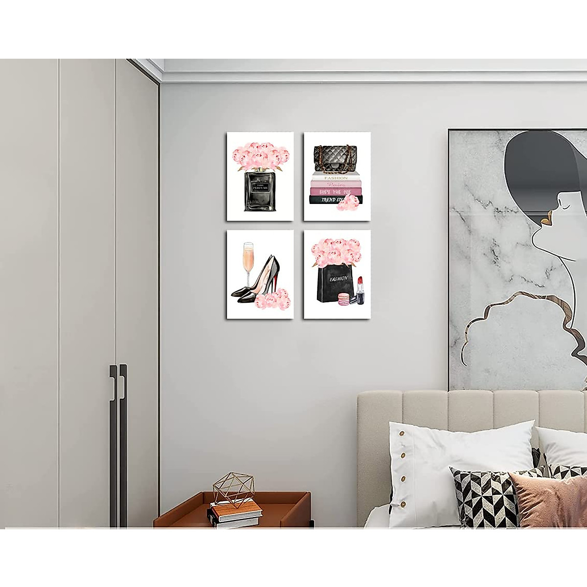 Pink Makeup Room Wall Art Fashion Perfume Flowers Handbag Poster Pictures Canvas Prints Framed for Women Bedroom Rose Gold Room Decor