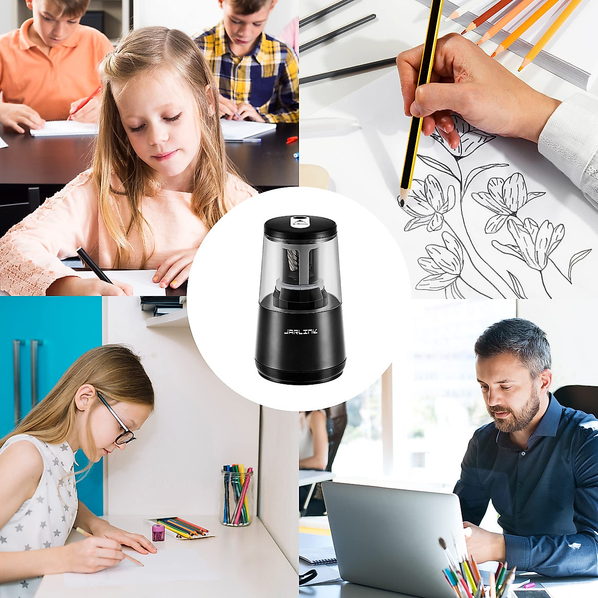 JARLINK Electric Pencil Sharpener, Classroom Pencil Sharpeners, Auto Stop for 6-8mm No.2/Colored Pencils, Electric Pencil Sharpener Plug in/USB/Battery Operated in School/Office/Home (Black)