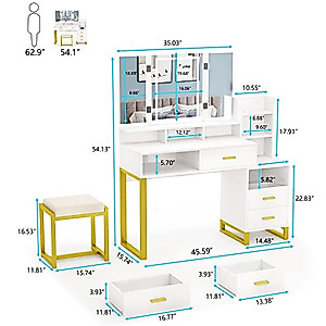 PAKASEPT Vanity Set with Tri-fold Makeup Mirror, Large Desk 3-Color Adjustable Touch Light, Charging Station, 5 Drawers, Storage Shelves&Cushioned Stool Women Girls, White, 45.59''Lx15.74''Wx54.13''H