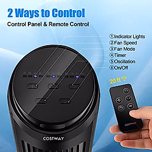 COSTWAY Tower Fan with Remote Control, 40-Inch Portable Household Fan with 80 Degrees Oscillation, 4 Speeds, 3 Modes, 15H Timer, Small Quiet Fan with Sleep Mode for Home Office, Black