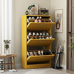 Homsee 3-Drawer Shoe Storage Cabinet with Louver Doors, 3-Tier Wood Shoe Rack Storage Organizer for Entryway, Yellow (22.4”L x 9.4”W x 42.3”H)