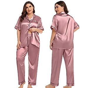 SWOMOG Women Plus Size Pajama Set 4pcs Silk Satin Sleepwear Button Down Pjs Cami Shorts Set Loose Loungewear 16W-26W Misty Rose