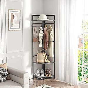 QNICE 5 Tier Industrial Corner Shelf Stand, Tall Rustic Coat Rack, Wood and Metal Corner Shelving (Dark Grey Oak)