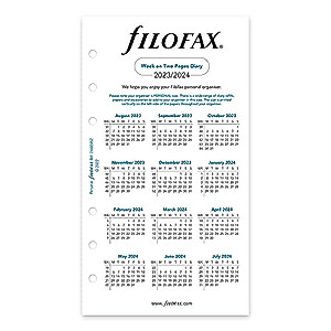 Filofax Calendar Diary Refill, Personal/Compact Size, Week-to-View, Academic, White Paper, Unruled, English, August 2023 to July 2024 (C68452-24)