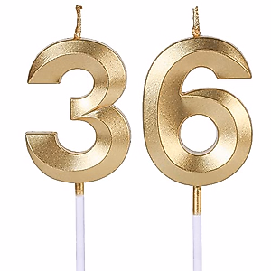 Gold 36th & 63rd Birthday Candles for Cakes, Number 36 63 Candle Cake Topper for Party Anniversary Wedding Celebration Decoration