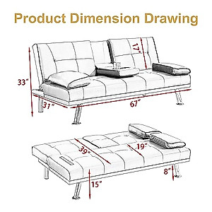 JCSTEU 67" Leather Sofa Bed with Cup Holder, Folding Sleeper Loveseat Couch with Adjustable Backrests, Convertible Loveseat Sofa for Living Room, Apartment,600 LBS Support (Beige)