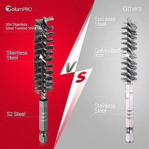 Columpro 6PCS 304 Stainless Steel Bore Brush Copper Pipe Cleaner, Twisted Wire Drill Brush,1/4 Inch Hex Shank S2 Steel Handle, for Power Drill Plumbing Tools