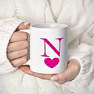 Valentine's Day Love Monogram Letter N Coffee Cup Love Heart Initials Letter Coffee Mug 11oz Custom Name Porcelain Mug Rose Red Polka Dot Tea Mug Wedding Engagement Gift for Couple