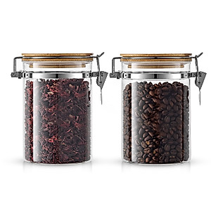 JoyJolt Borosilicate Glass Jars With Bamboo Lids (27oz). 2PC Set of Airtight Storage Jars with Clamp Lids for Pantry Storage. Air Tight Sealable Containers for Kitchen Organization.