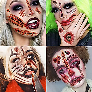 Billzar 138 PCS Scary Halloween Fake Scars Tattoos For Men Adults Women Kids Zombie Makeup Kit 18 Sheets Face Fake Stitches Temporary Tattoos Chucky Scar Scab Scratches Boys Girls Tatoos Wound Sticker