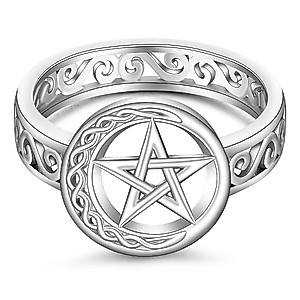 Talonior Pentacle Ring for Women Celtic Knot Moon Star Pentagram Ring Sterling Silver Witch Wiccan Pagan Promise Protection Amulet Jewelry Size 9