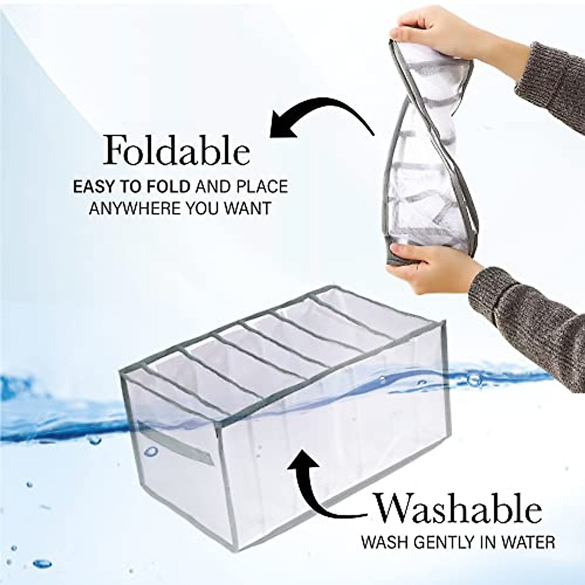 2 Pack Wardrobe Clothes Organizer , Jeans for Closet comes with 24 cell Sock Underwear Dividers Mesh Drawer Large 7 Grids Foldable Compartment Storage Box, gray