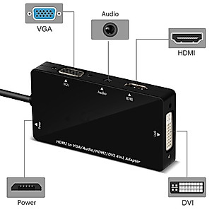 CABLEDECONN Multiport 4-in-1 HDMI to HDMI/DVI/VGA Adapter Cable with Audio Output Converter (Black)