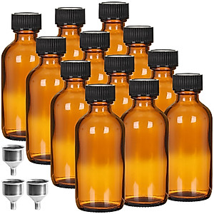 12 Pack 2 oz Amber Glass Boston Bottles, Round Tinture Bottles with Black Caps for Essential Oil, Perfume, Homemade Vanilla Extract and Liquid