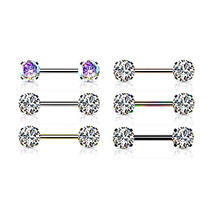Pierced Owl 14G Stainless Steel Threadless Push-in Prong Set Crystal Nipple Rings, Sold as a Pair (Silver Tone/Aurora Borealis)