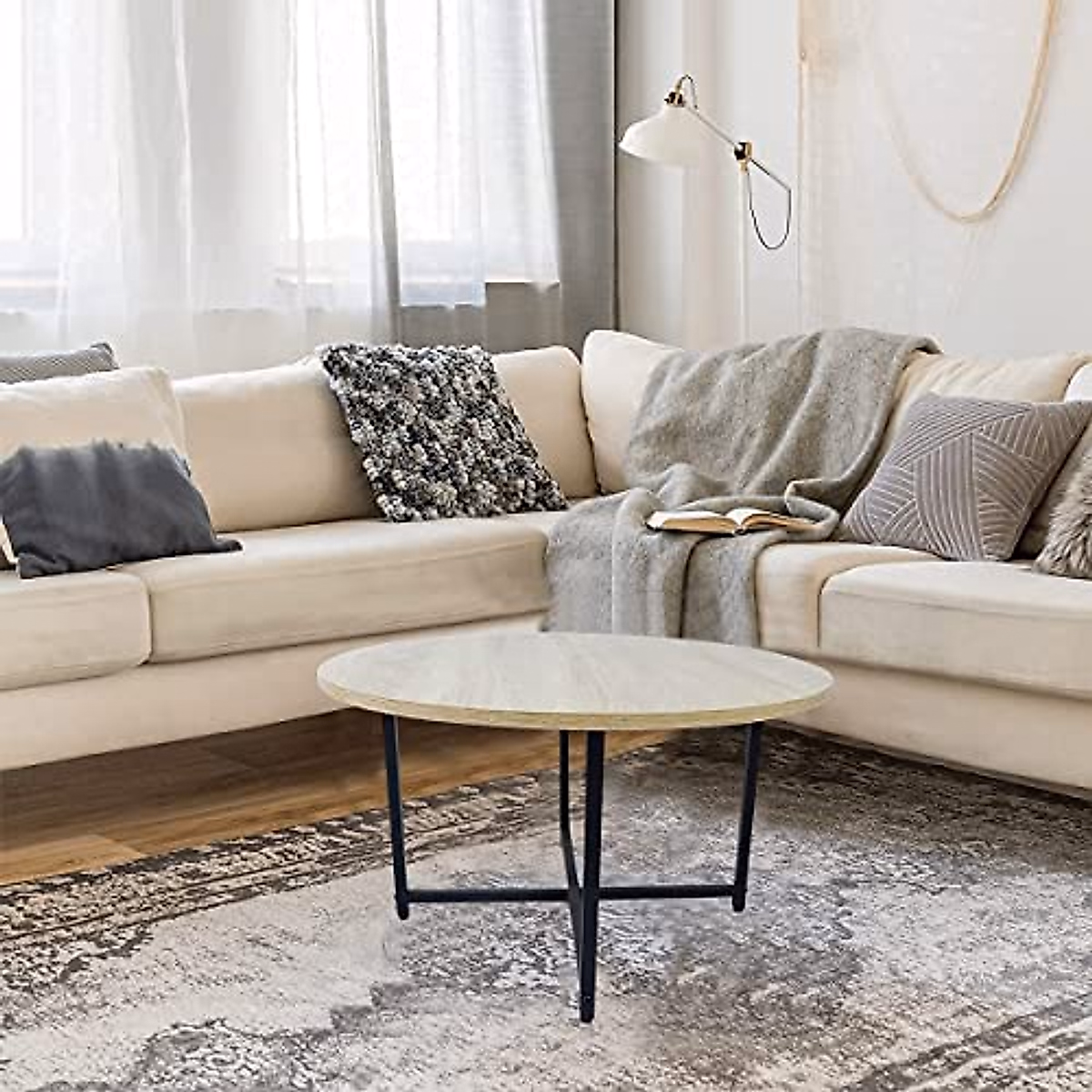 Round Coffee Table, Modern Small Coffee Table Sofa Table Tea Table for Living Room, Office Desk, Balcony, Wood Desktop and Metal Legs, 23.6inch White Oak