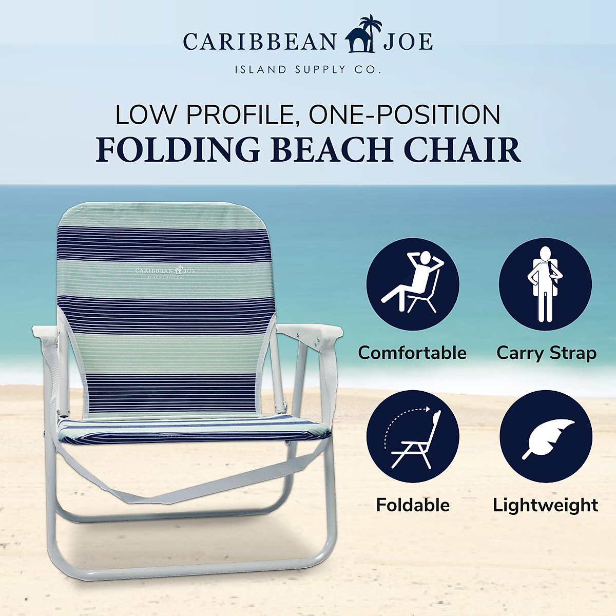 Caribbean Joe Folding Beach Chair, 1 Position Lightweight and Portable Foldable Outdoor Camping Chair with Carry Strap, Horizon Stripe